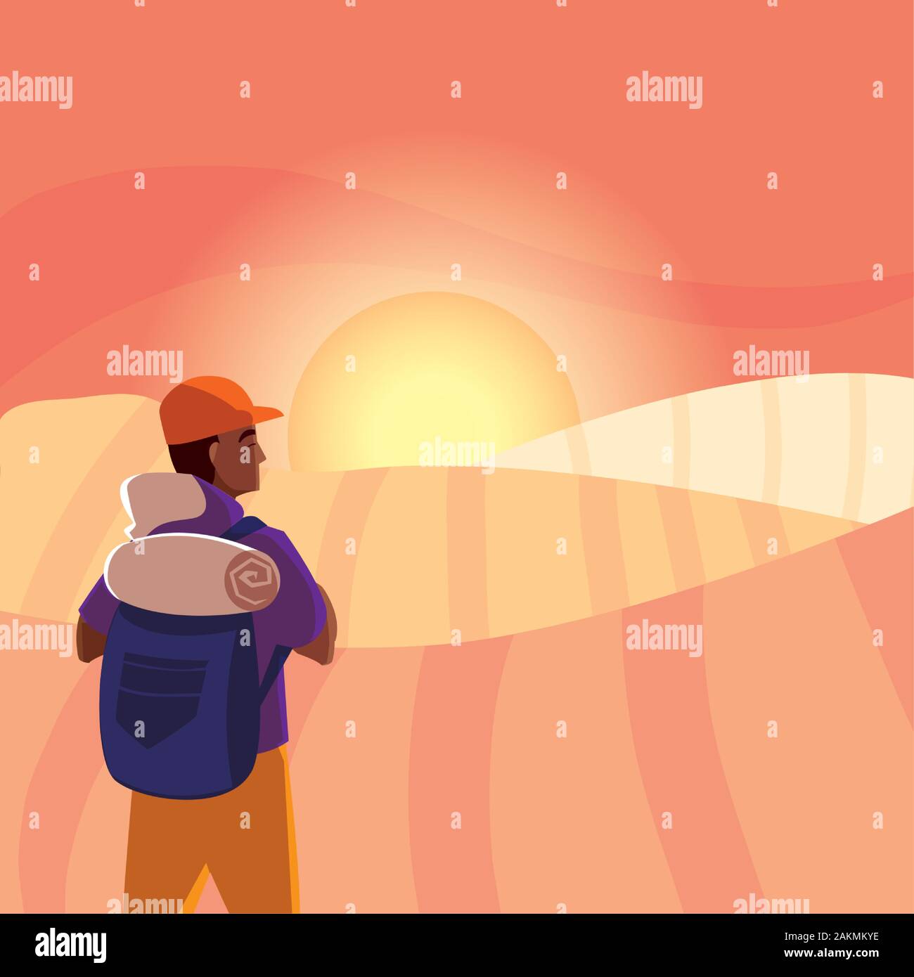 Hiker man with bag and landscape design, Walker excursionist rambler ...