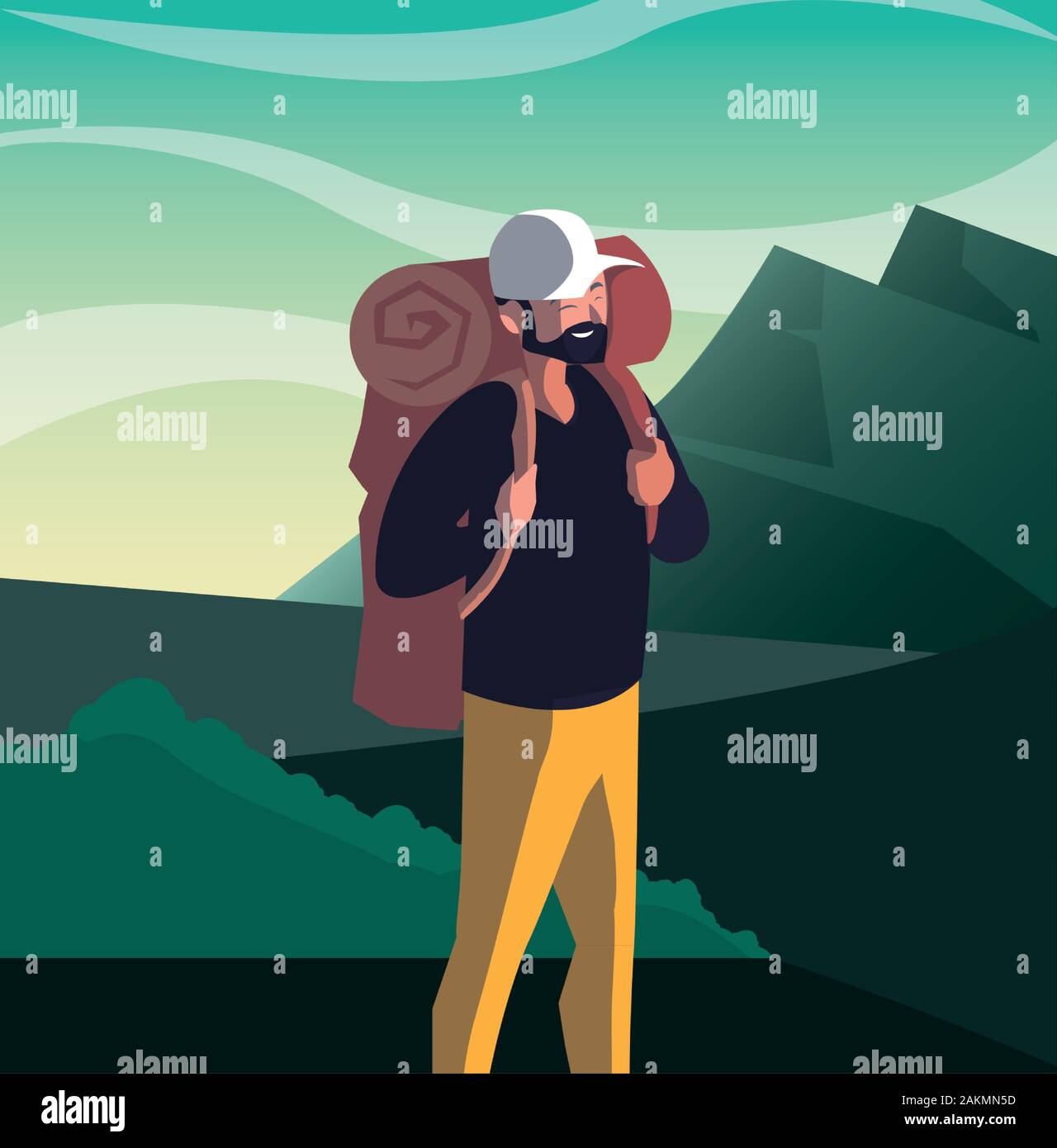 Hiker man with bag and landscape design, Walker excursionist rambler ...