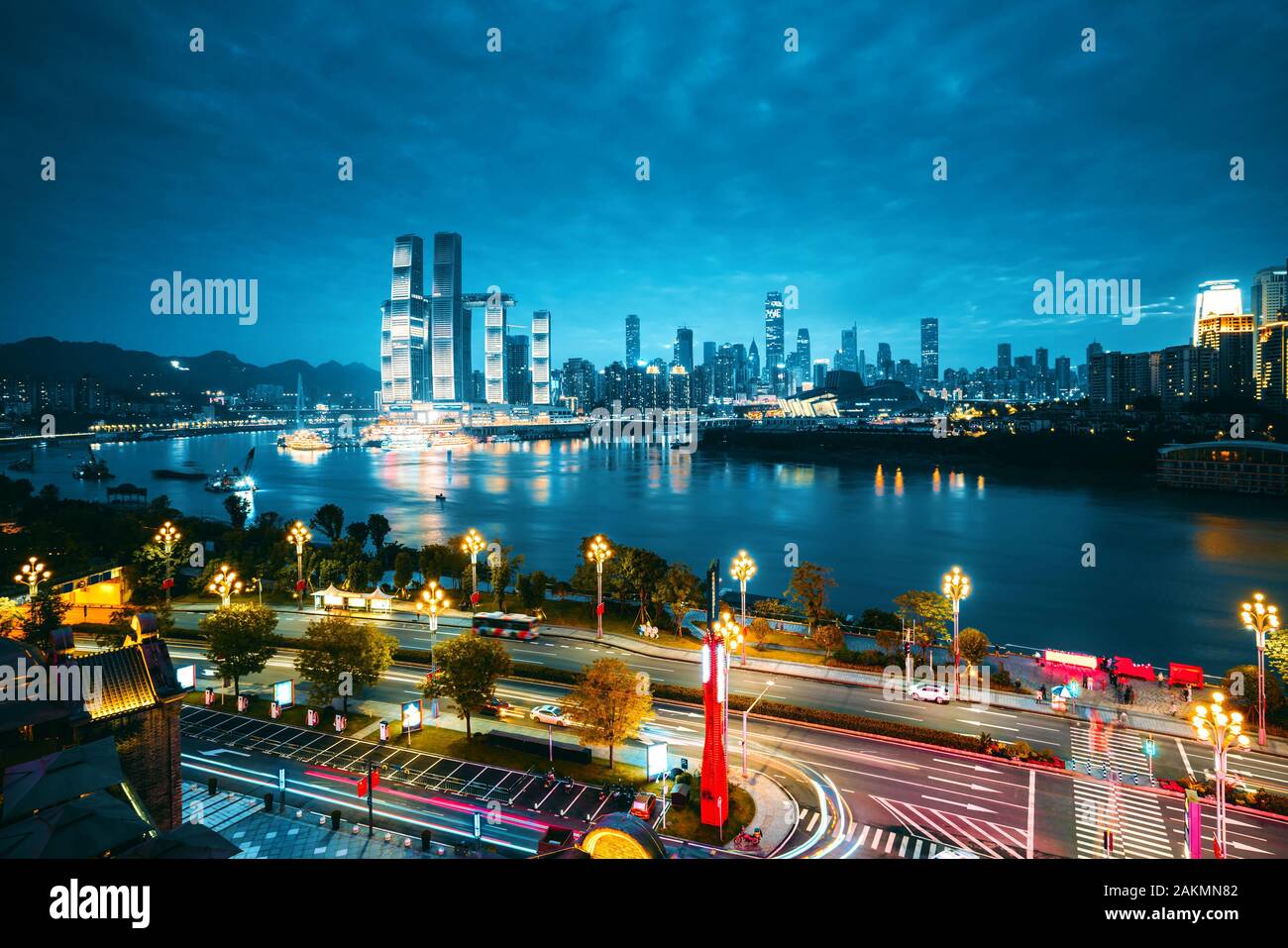Chongqing architectural scenery and rivers and sky at night Stock Photo ...