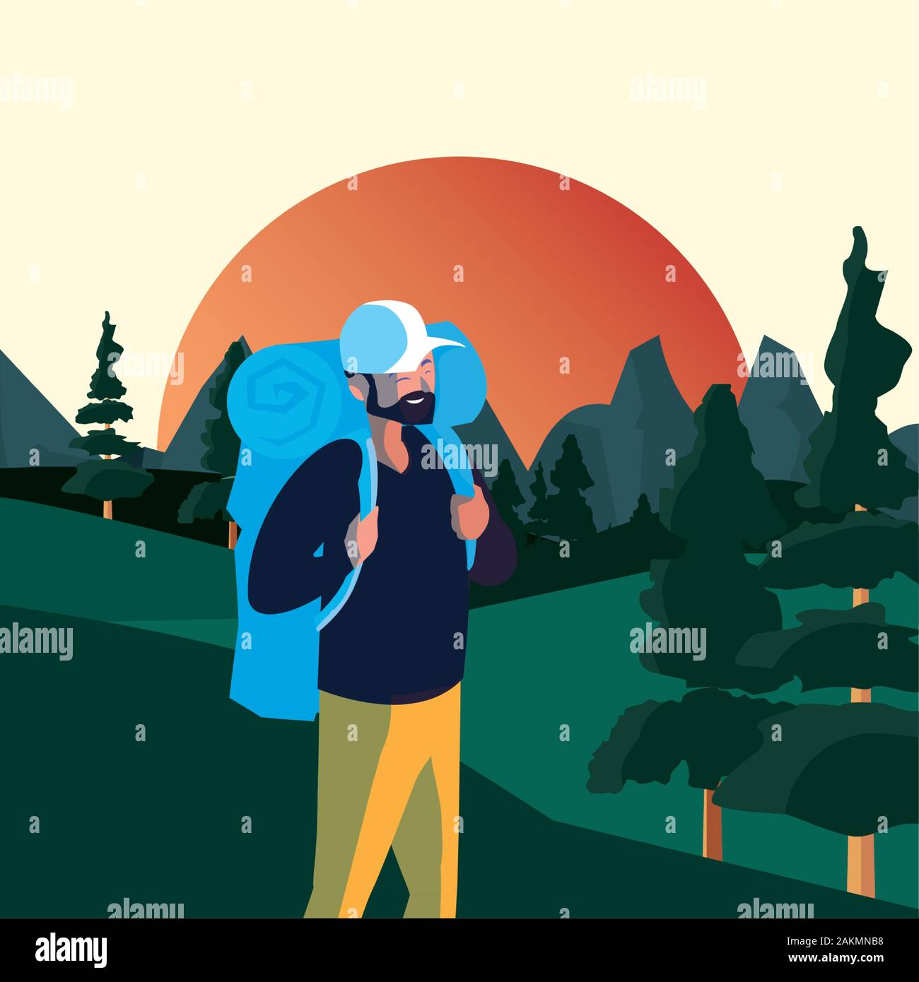 Hiker man with bag and landscape design, Walker excursionist rambler ...