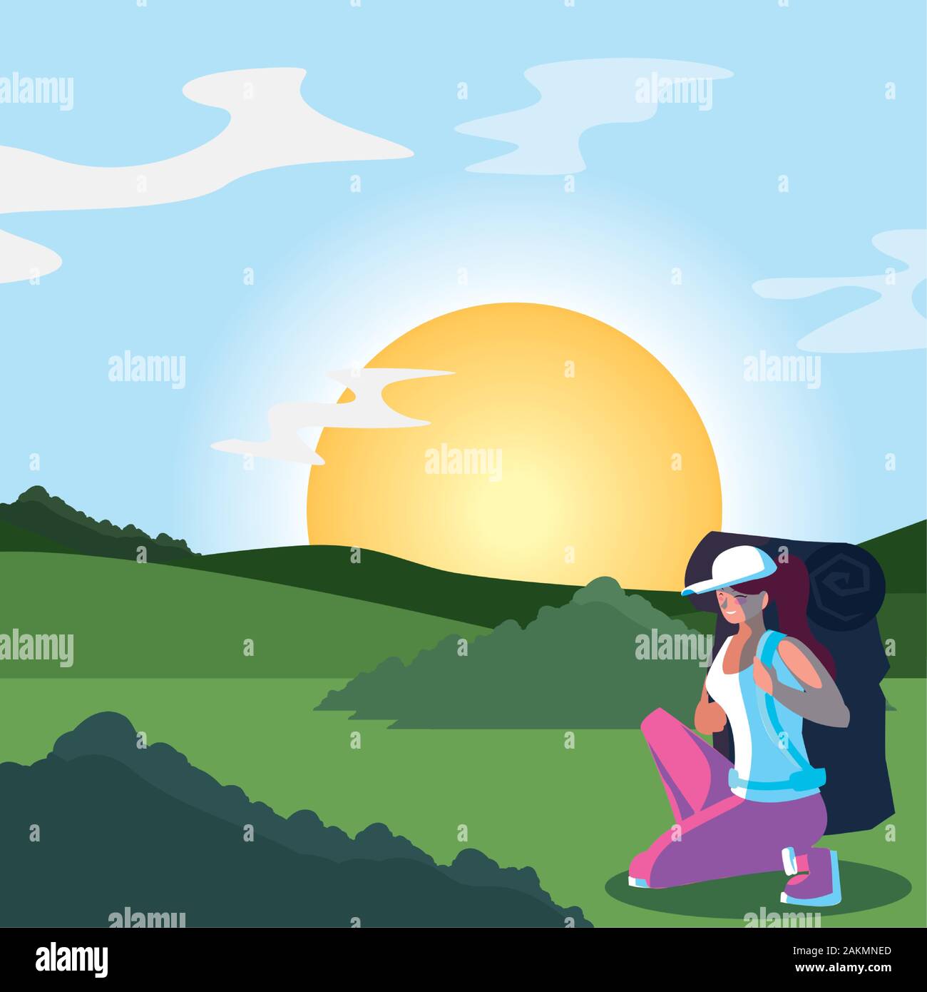 Hiker woman with bag and landscape design, Walker excursionist rambler ...