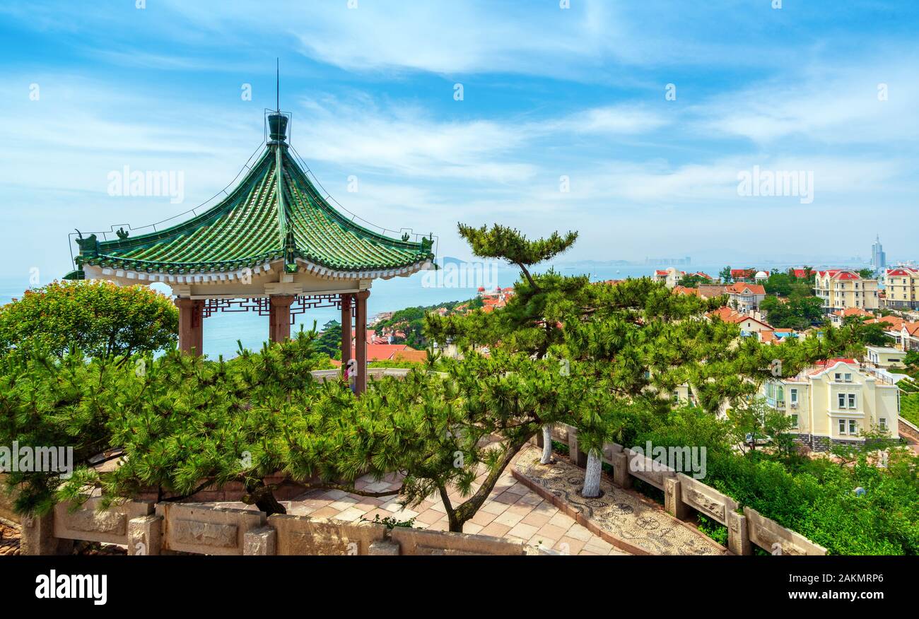 Bird's eye view of red roofs and cityscape, Qingdao, China Stock Photo ...