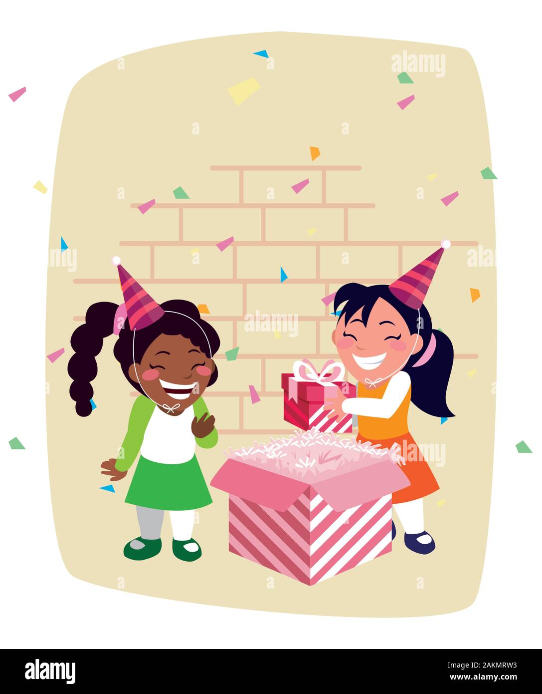 girls cartoons with gifts design, Happy birthday card celebration ...
