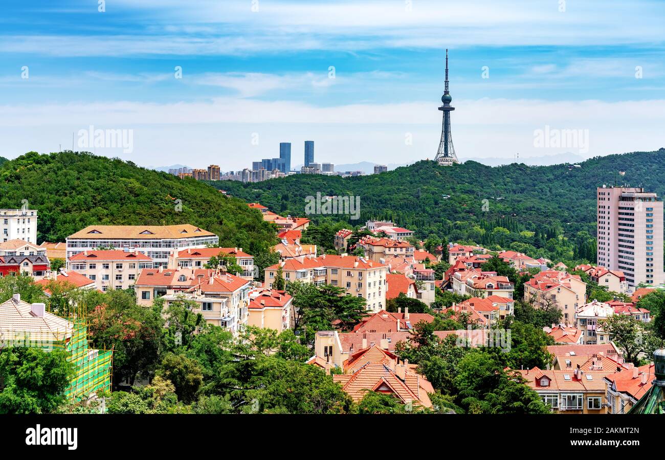 Bird's eye view of red roofs and cityscape, Qingdao, China Stock Photo ...