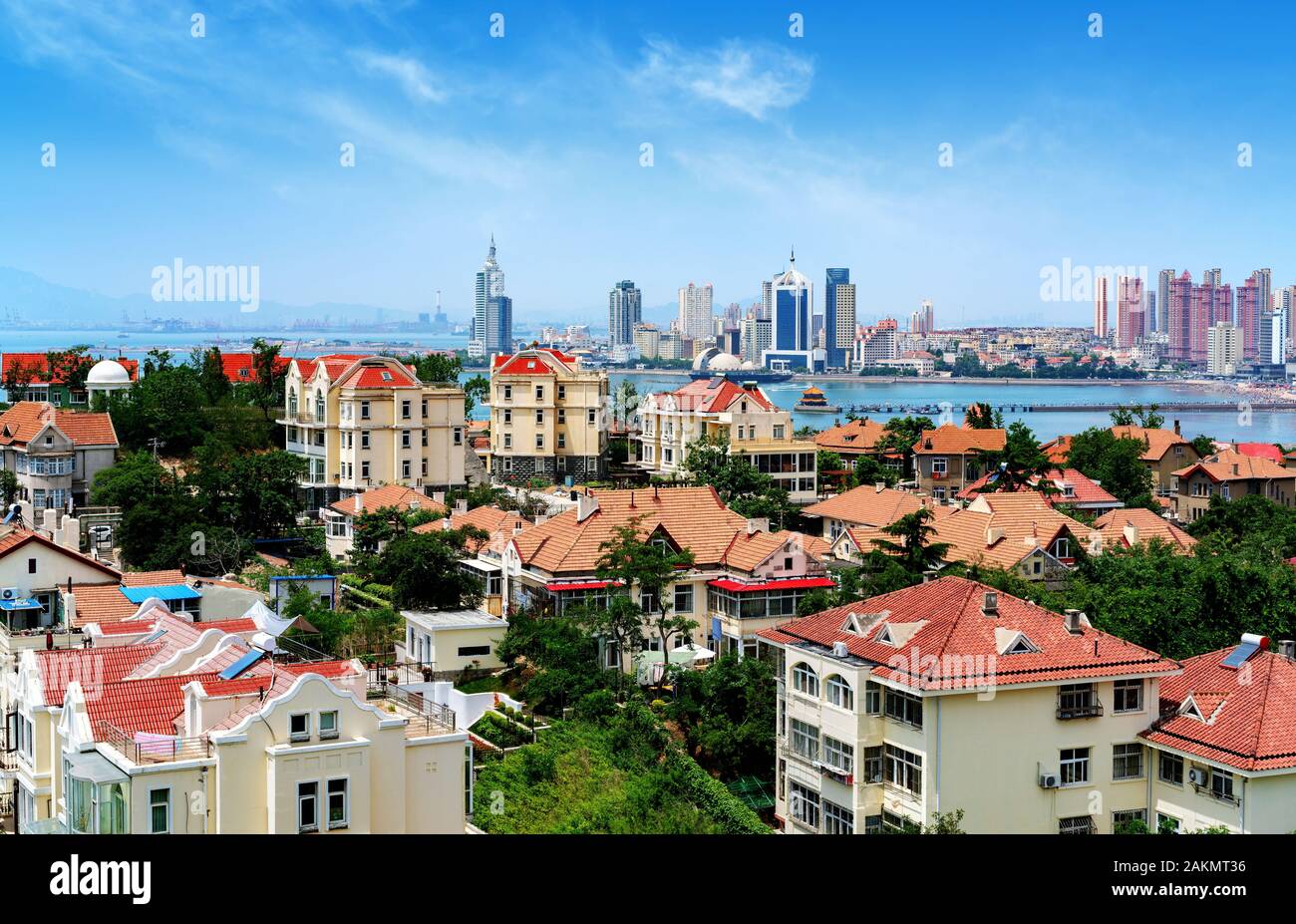 Bird's eye view of red roofs and cityscape, Qingdao, China Stock Photo ...