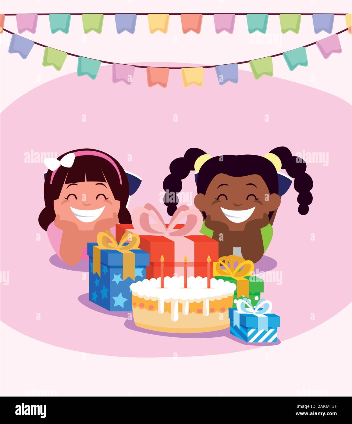 Girls cartoons with cake and gifts design, Happy birthday card ...