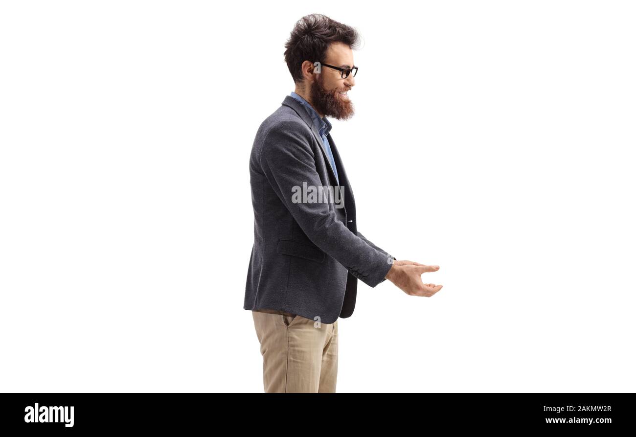 Man gesturing as to receive something isolated on white background ...
