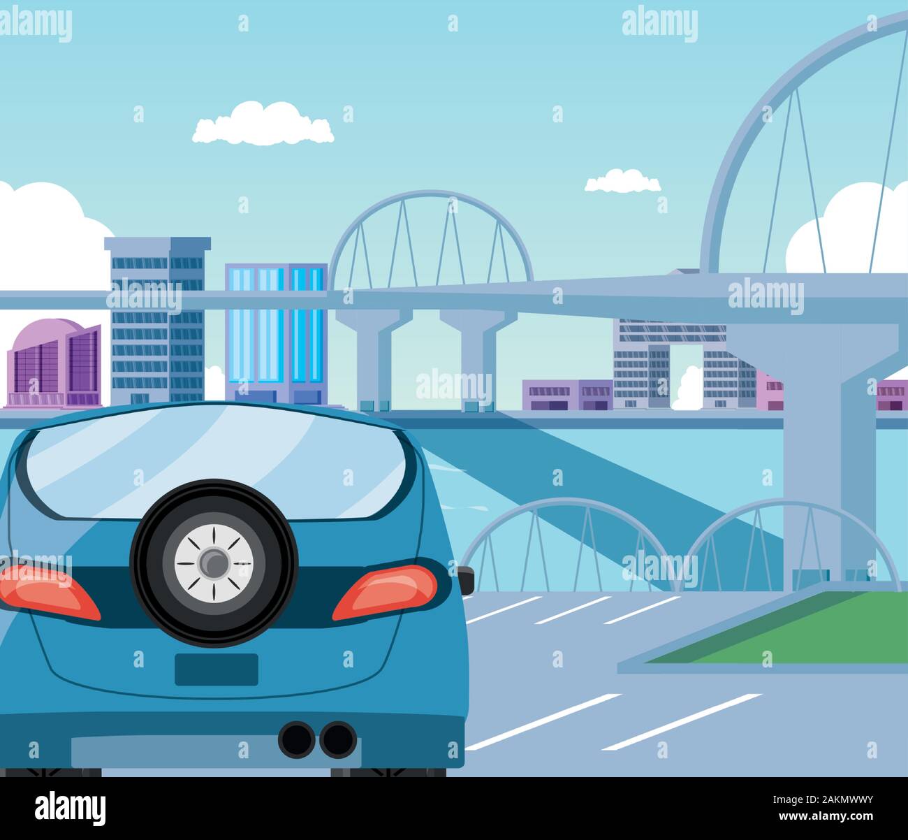 Car on the street in front of buildings design, Vehicle automobile auto ...