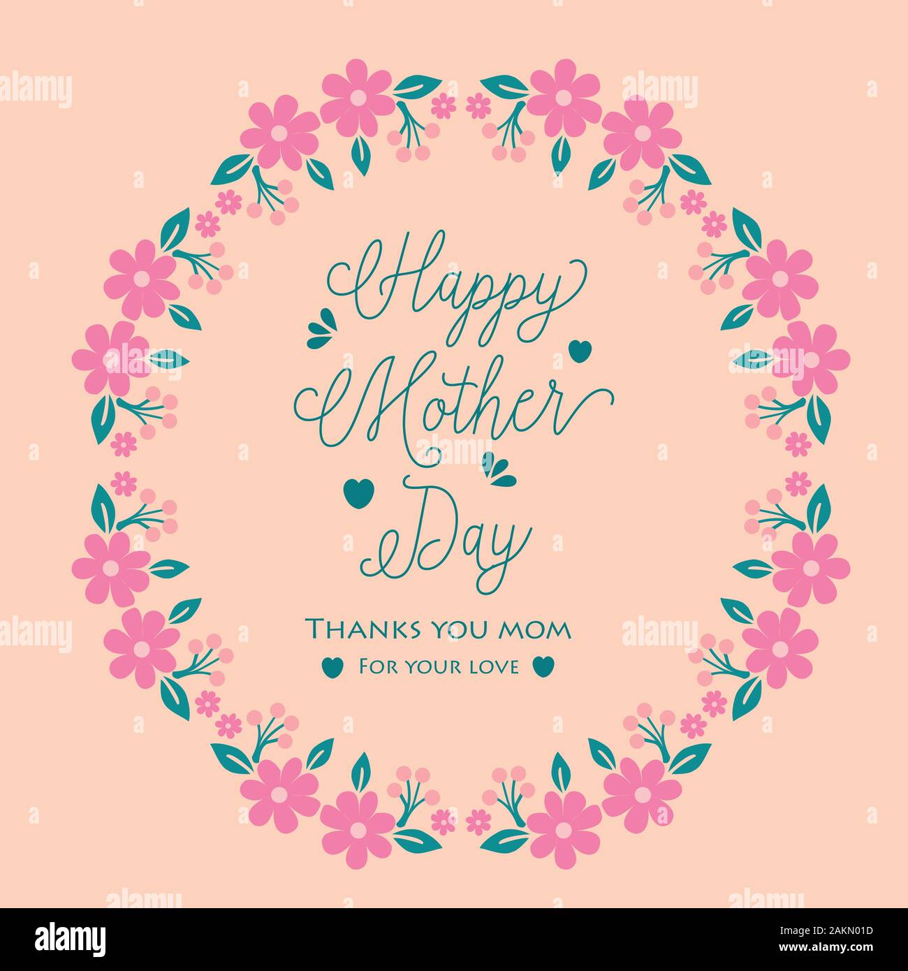 Decoration of leaf and floral frame isolated on peach background, for happy mother day greeting ...