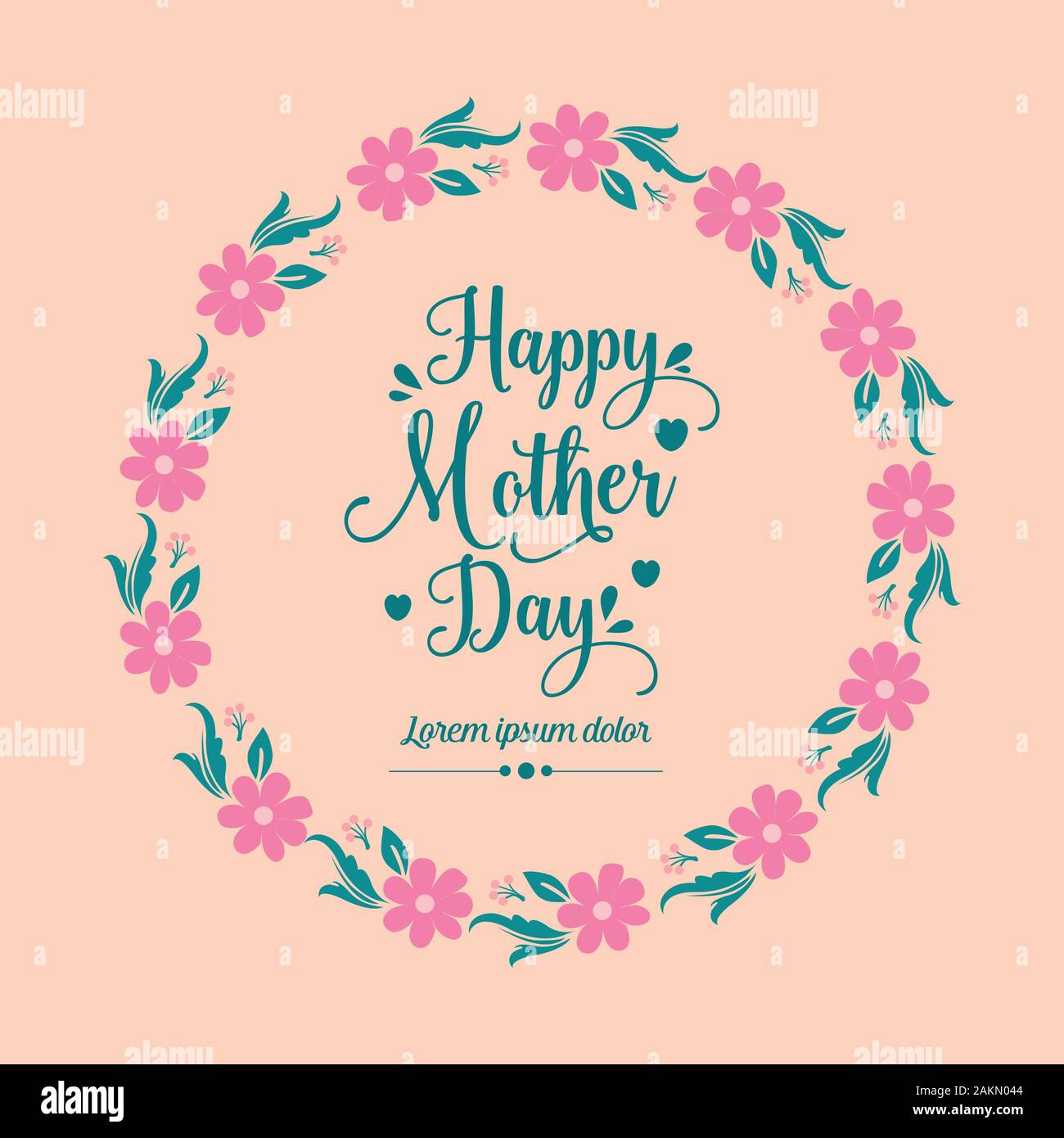 Decoration of leaf and floral frame isolated on peach background, for happy mother day greeting ...
