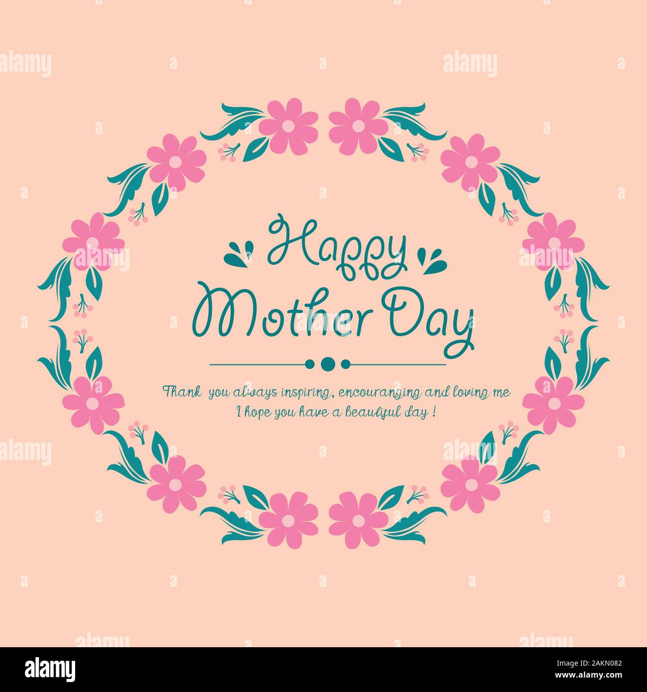 Decoration of leaf and floral frame isolated on peach background, for happy mother day greeting ...