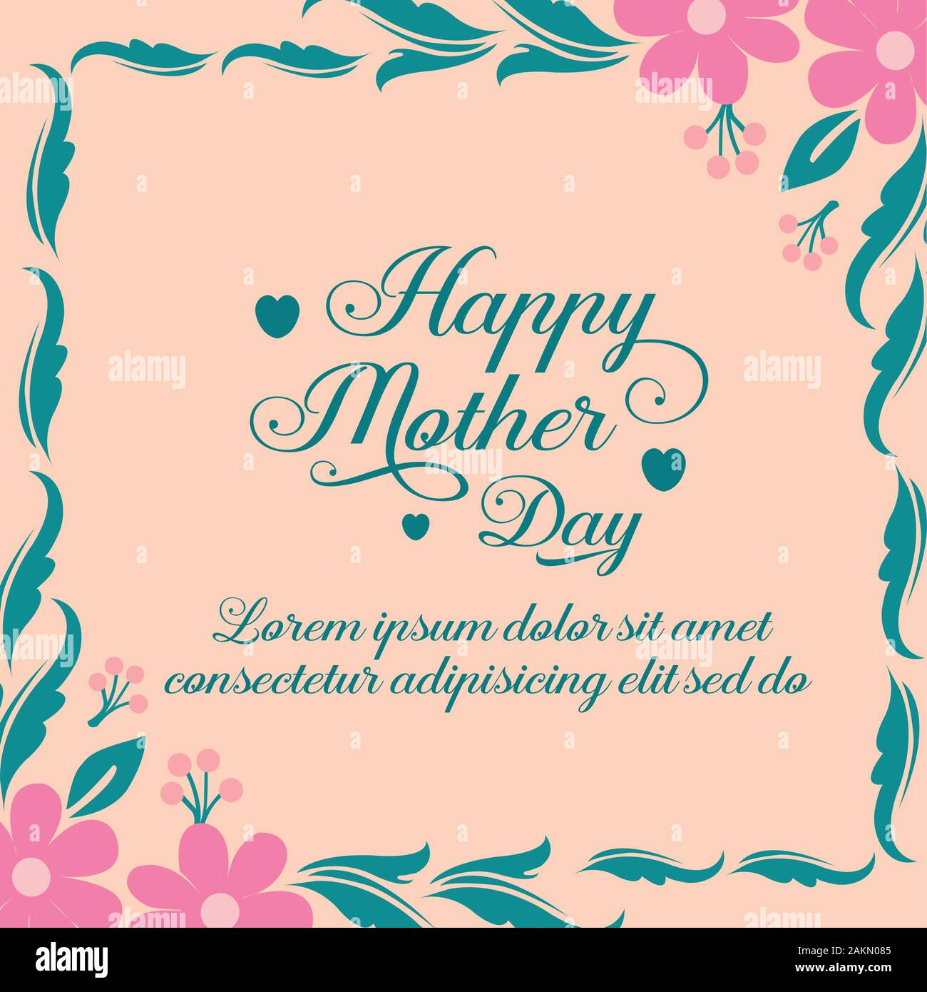 Decoration of leaf and floral frame isolated on peach background, for happy mother day greeting ...