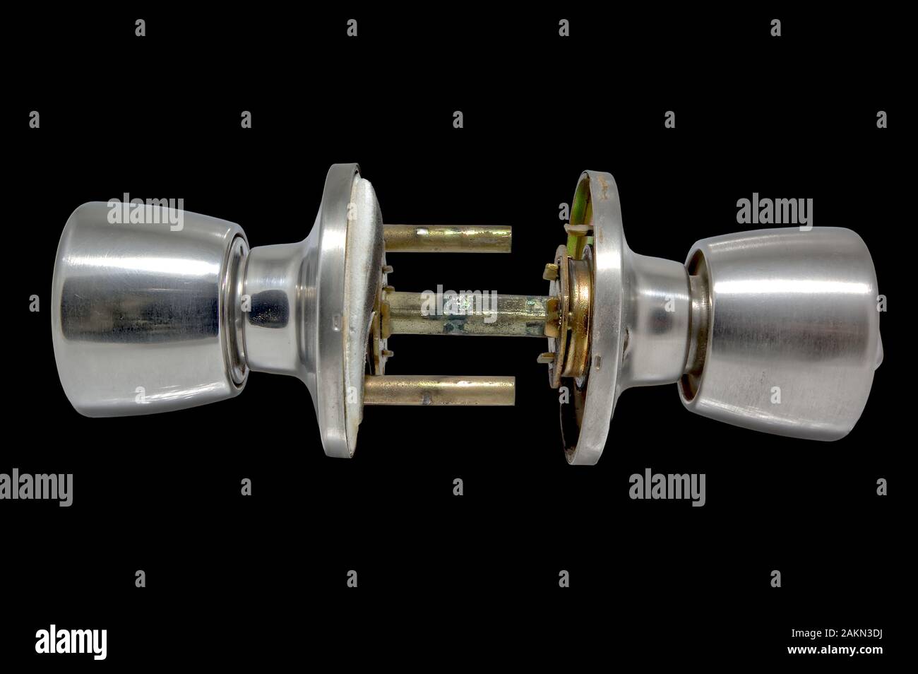 The detailed inside of a typical door knob assembly used in most homes ...