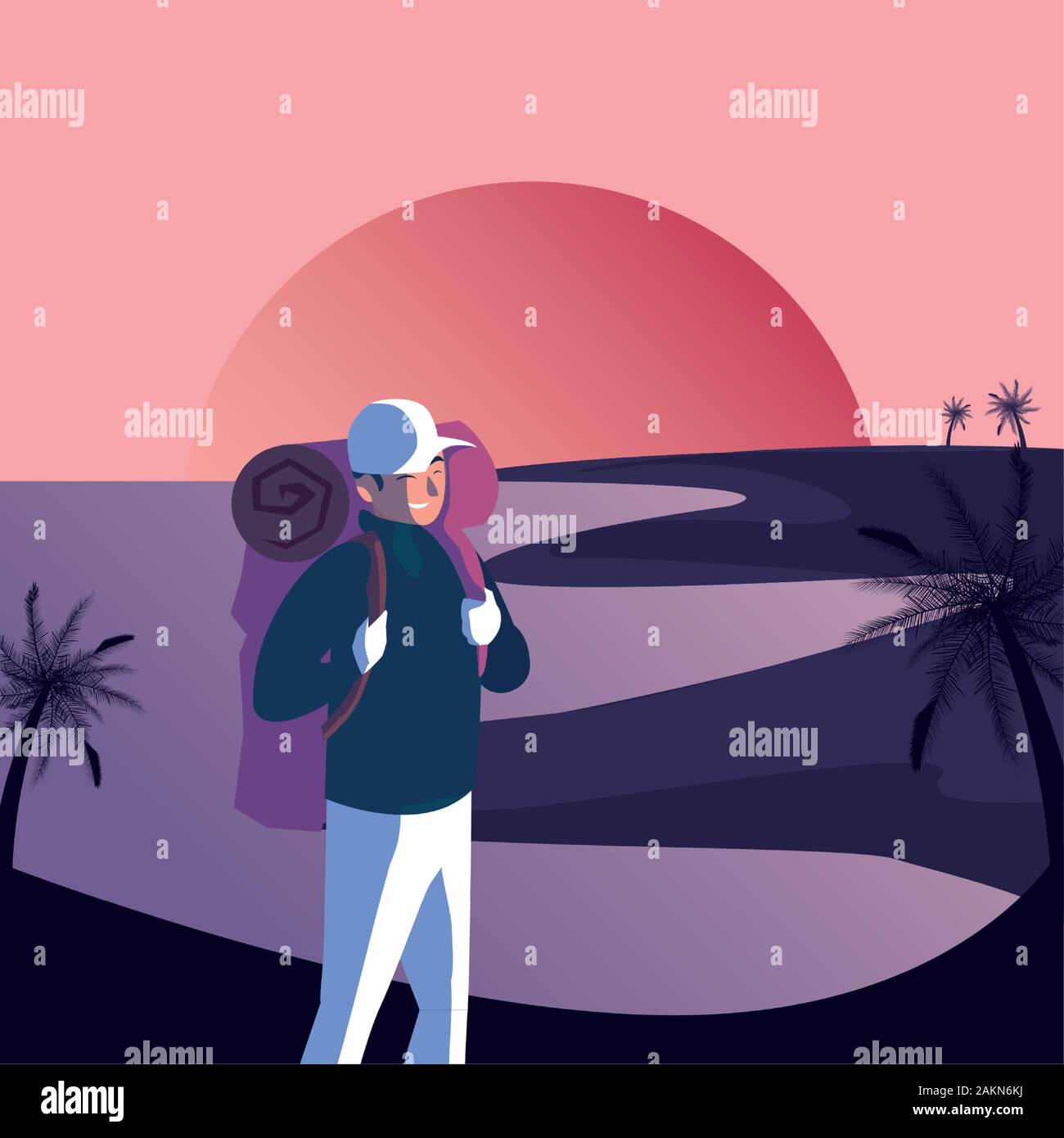 Hiker man with bag and landscape design, Walker excursionist rambler ...