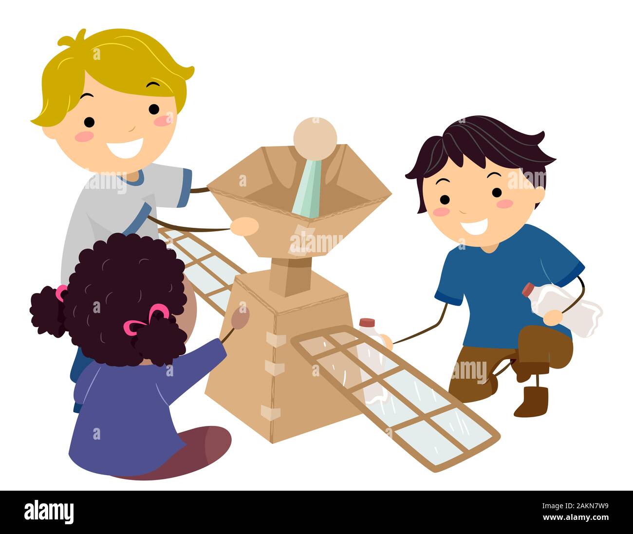 Illustration of Stickman Kids Making a Satellite Model Using Cardboard ...