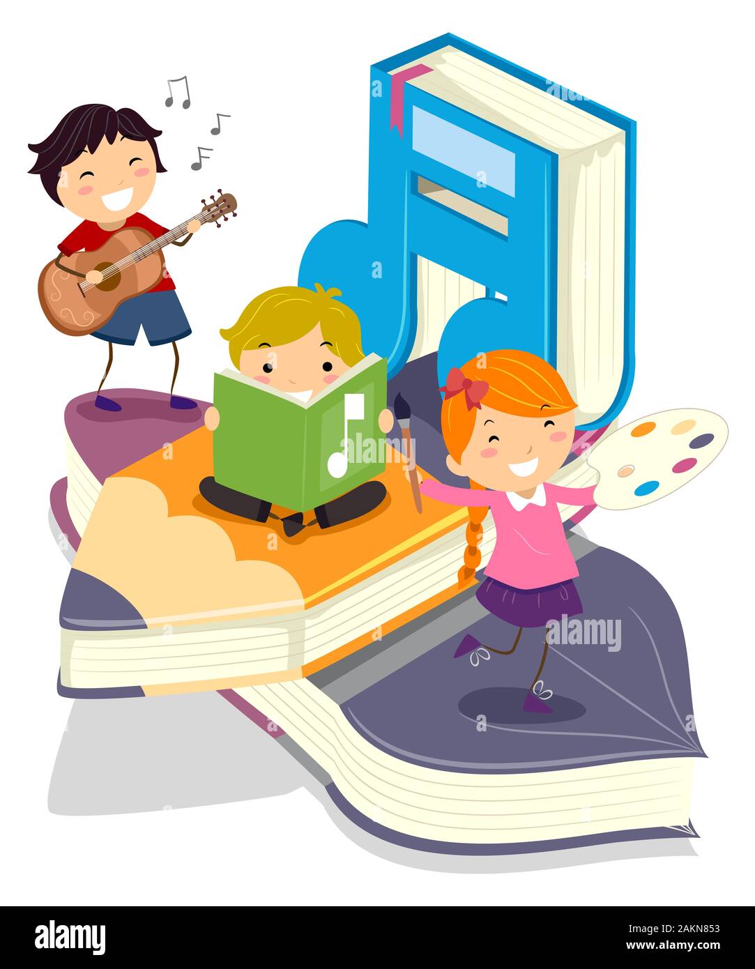 Illustration of Stickman Kids On Books Shaped as Paint Brush, Pencil ...