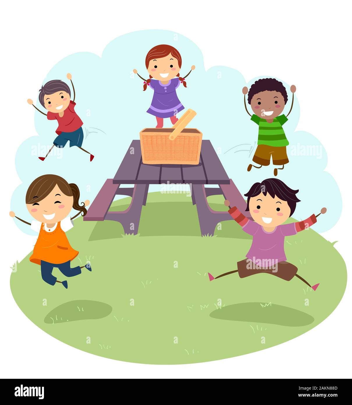 Illustration of Stickman Kids Jumping Near a Picnic Table with Basket ...