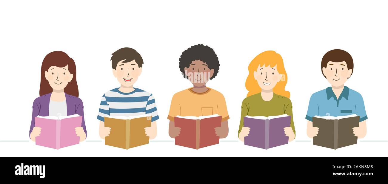 Illustration of Teenage Girls and Guys Reading a Book in a Row Stock ...