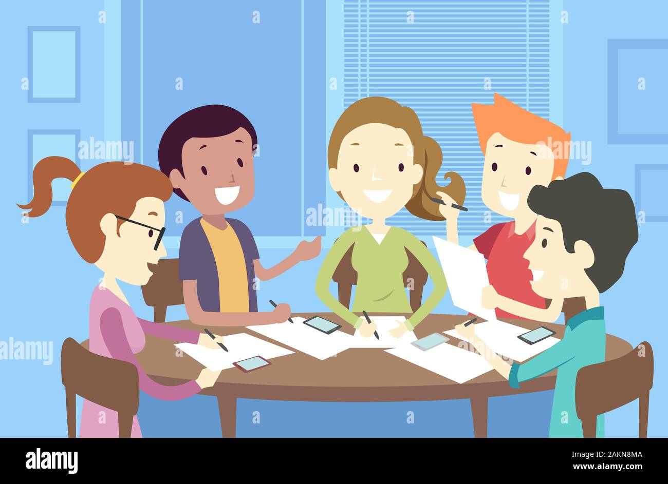 Illustration of Teenage Girls and Guys Writing as a Group with Papers ...