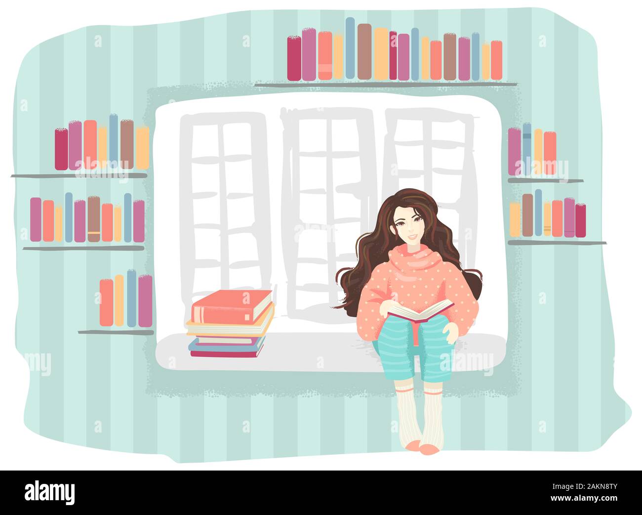 Illustration of a Girl Reading a Book by the Window with Bookshelves ...