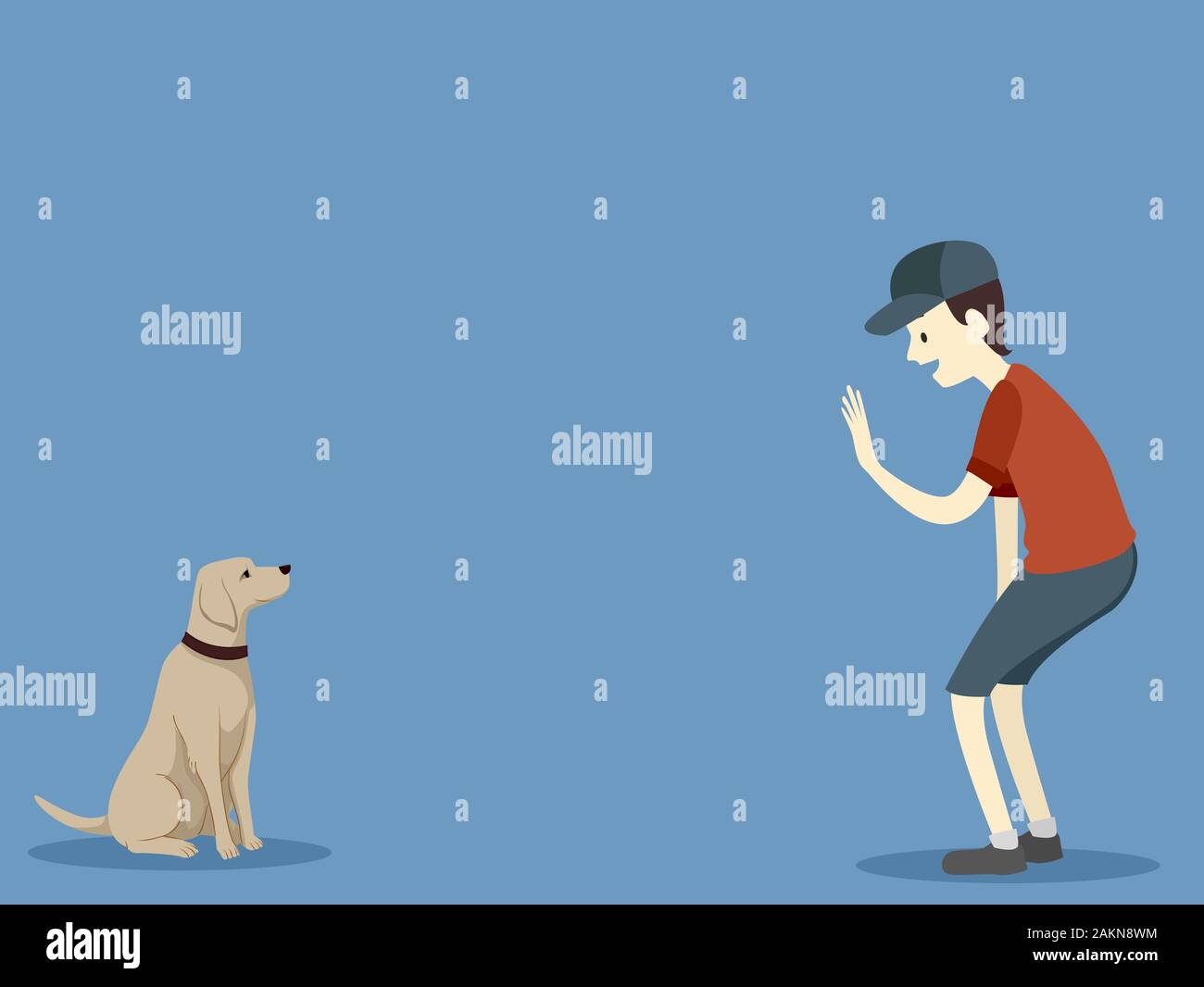 Illustration of a Man Training His Dog to Follow the Basic Command Stay ...