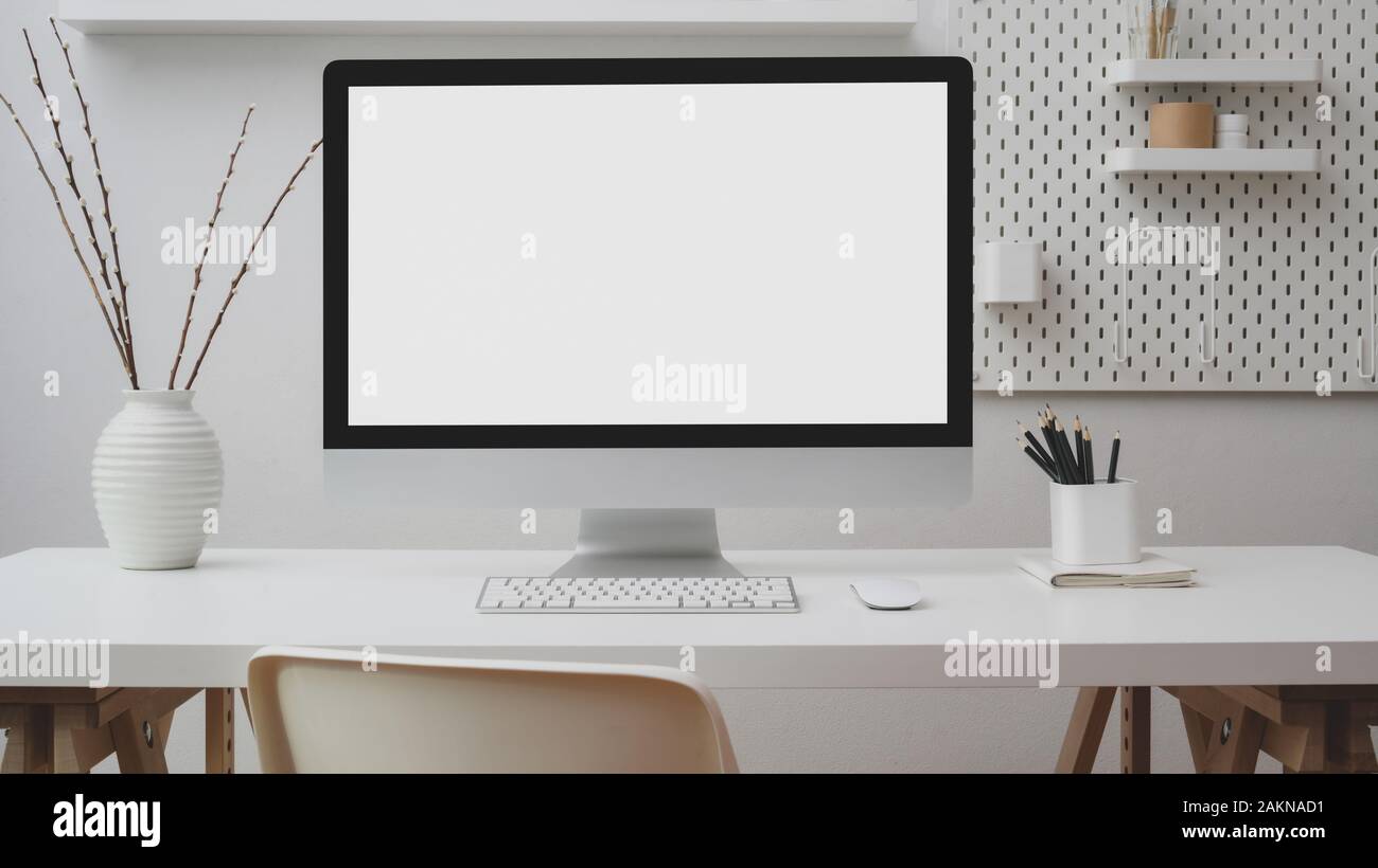 Close up view of modern workspace with blank screen computer, office ...