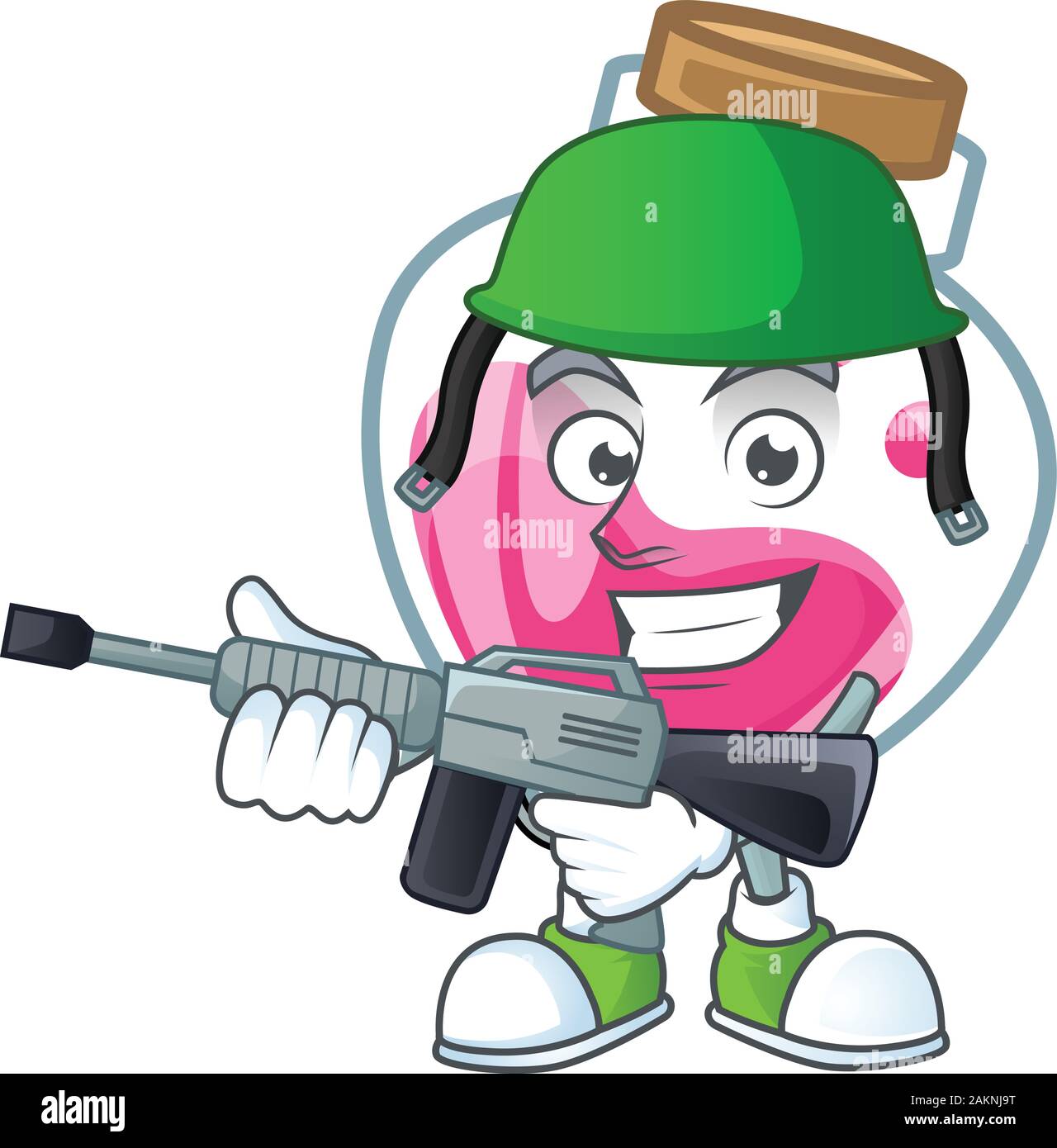 Pink potion carton character in an Army uniform with machine gun Stock ...