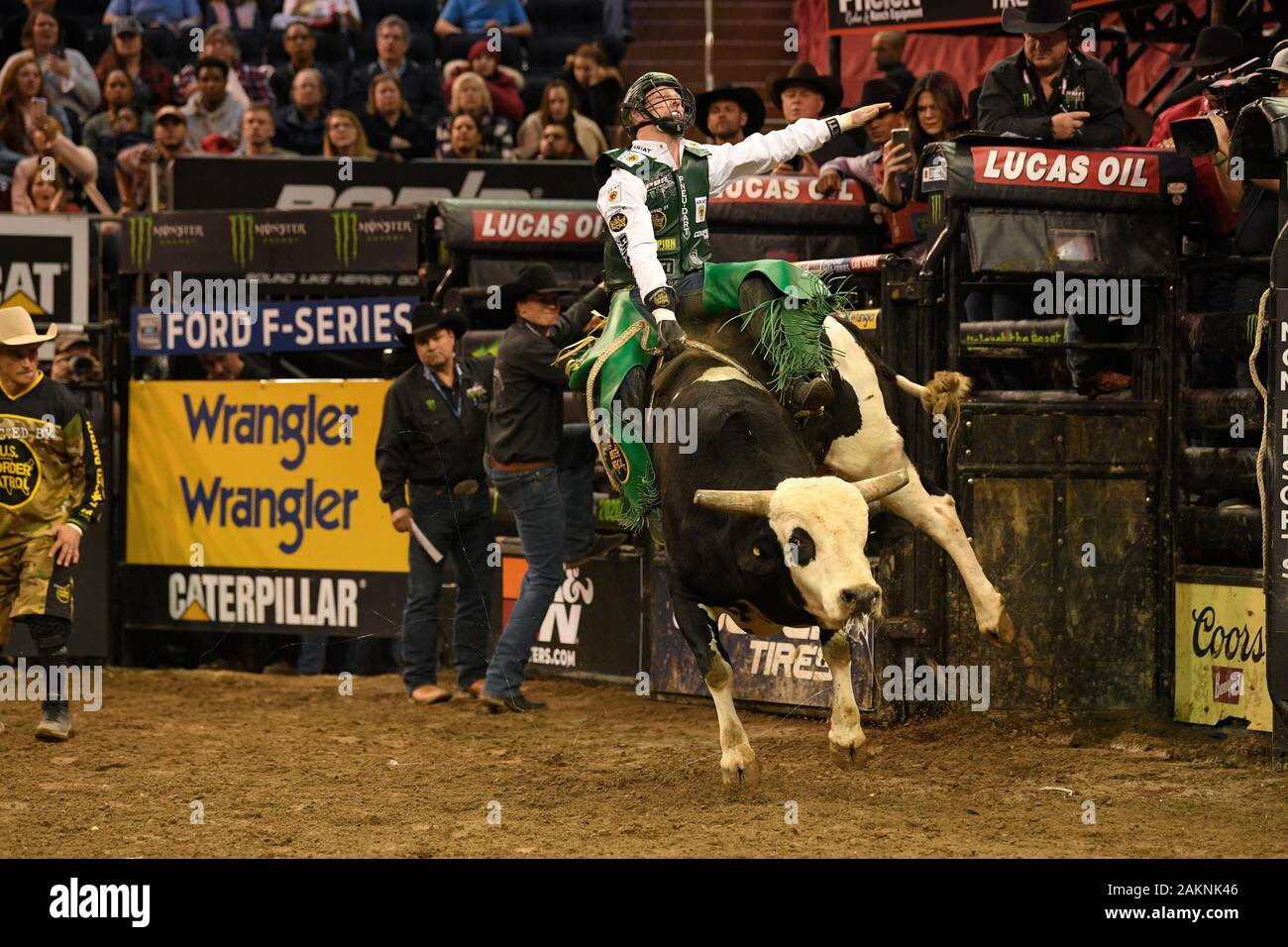 Cooper Davis rides Tarabull during the Professional Bull Riders 2020 ...