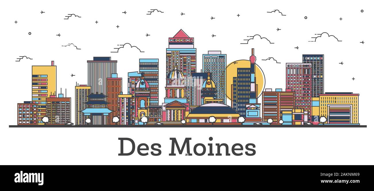 Outline Des Moines Iowa City Skyline with Color Buildings Isolated on ...