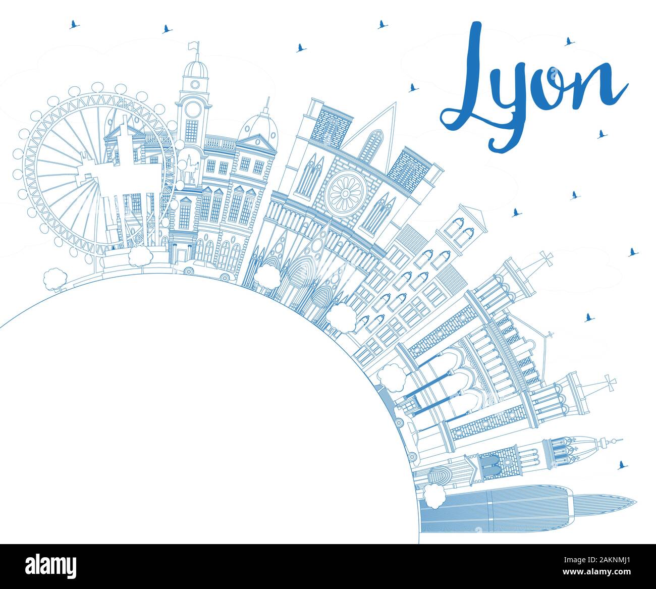 Outline Lyon France City Skyline with Blue Buildings and Copy Space ...