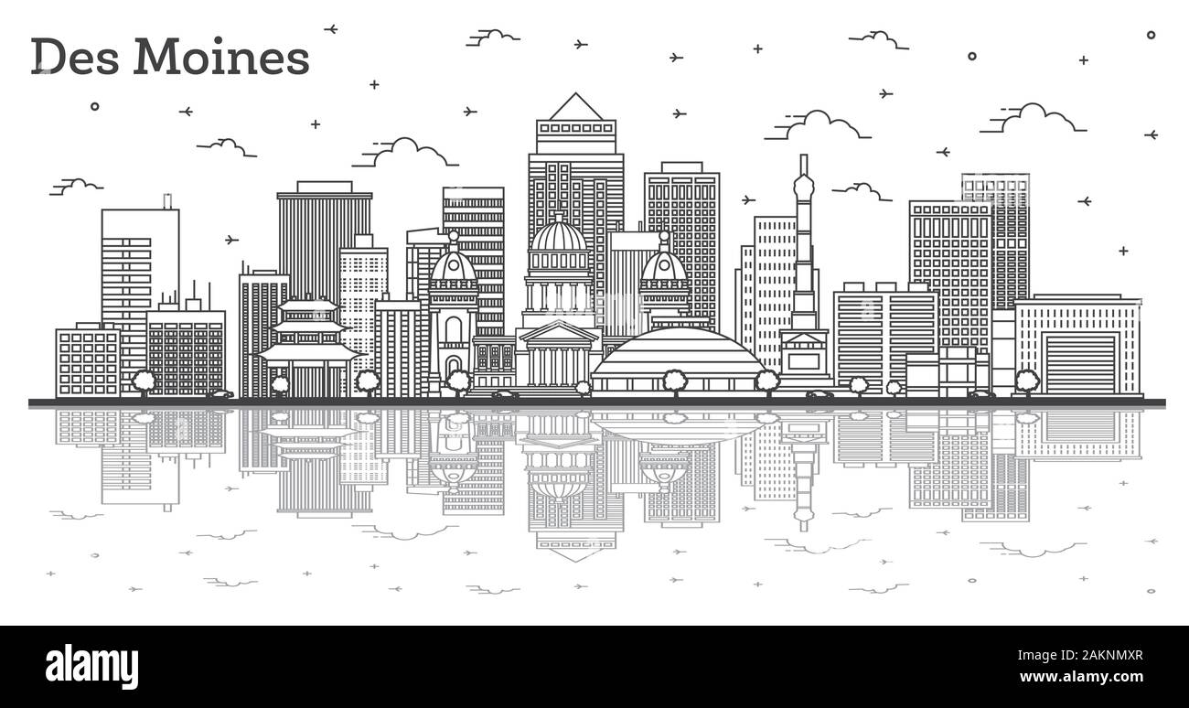 Outline Des Moines Iowa City Skyline with Modern Buildings and ...