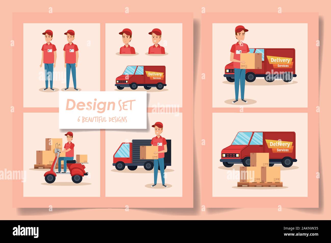 six designs of delivery service with workers and icons Stock Vector ...