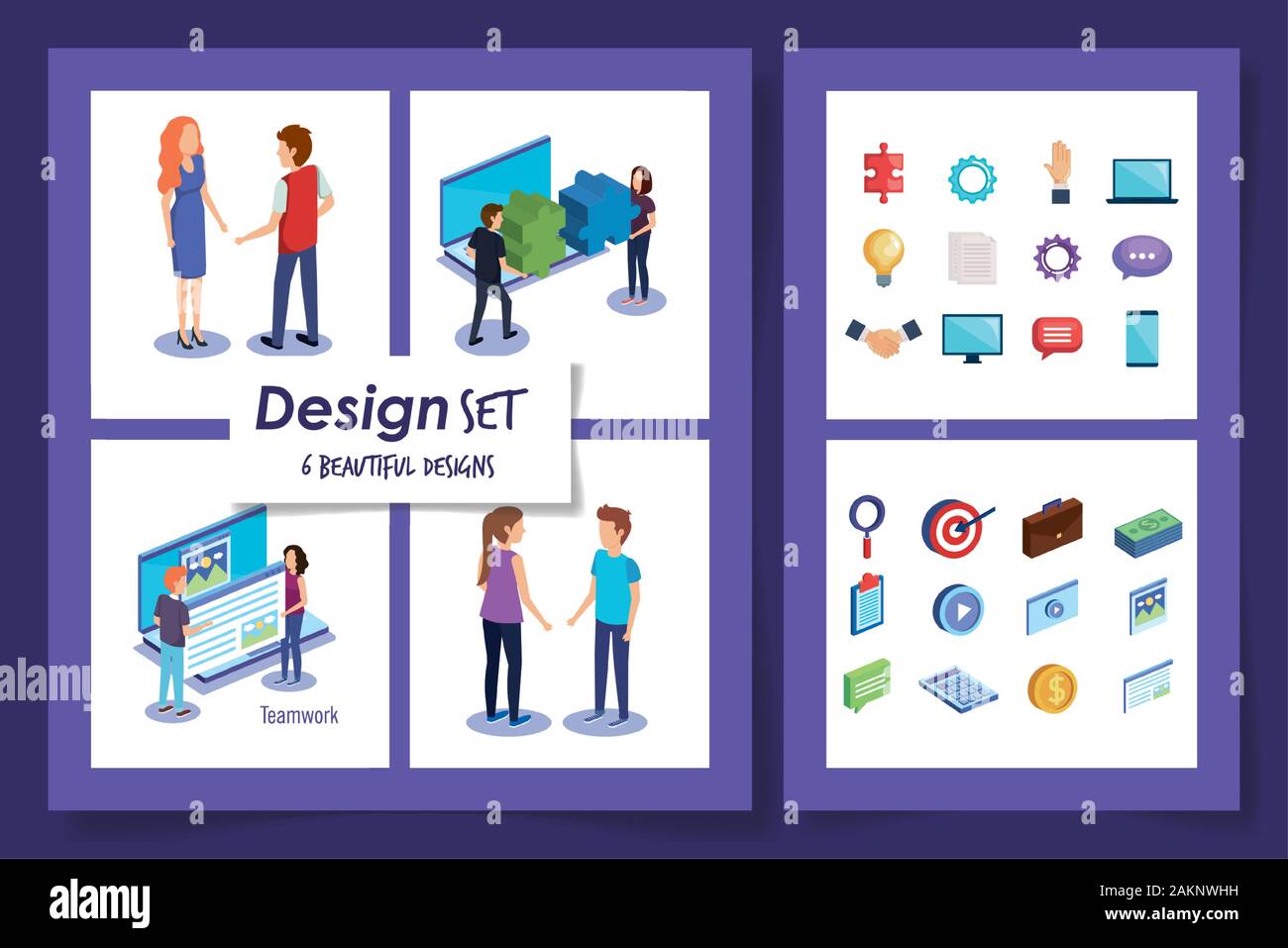 six designs of teamwork with people and objects Stock Vector Image ...