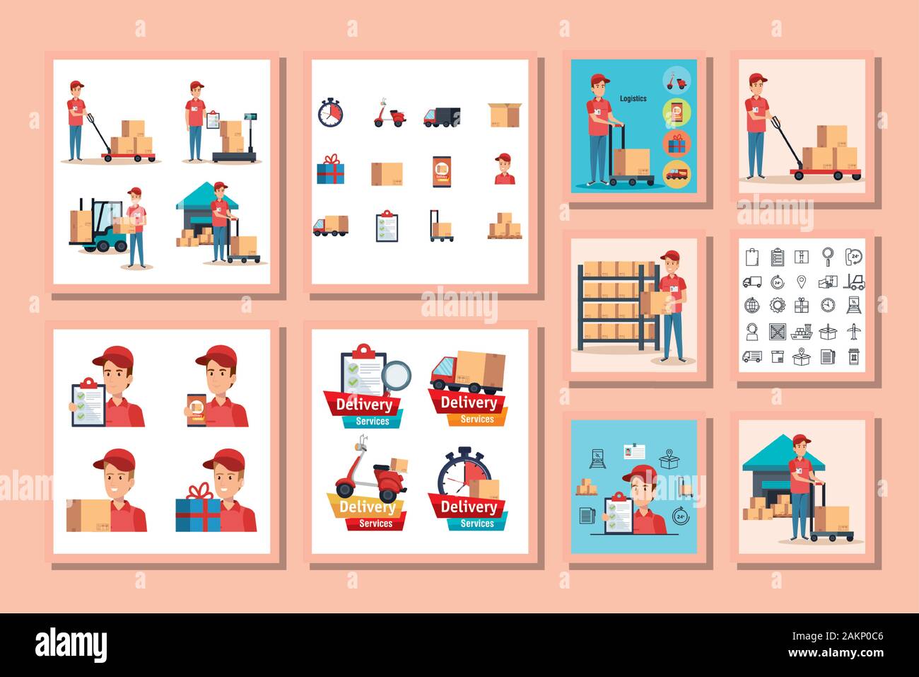 bundle of delivery service with workers and icons Stock Vector Image ...
