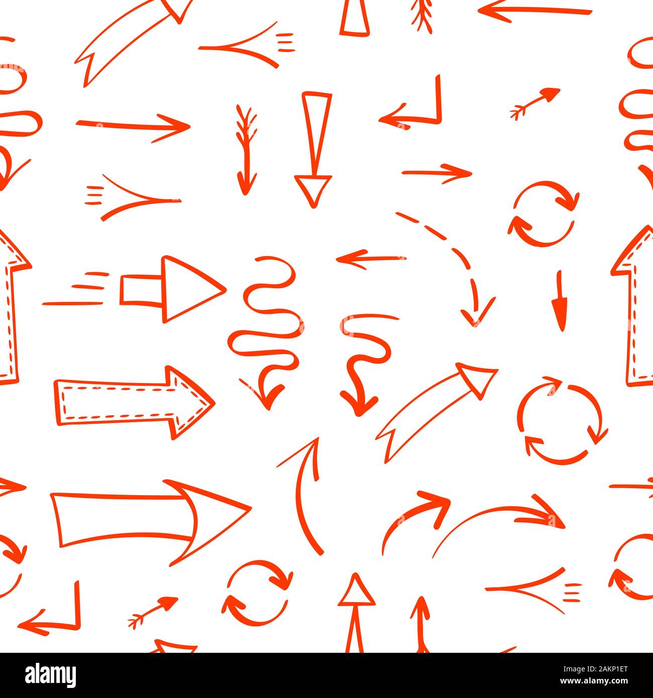 Seamless pattern with different red hand drawn arrows on white ...