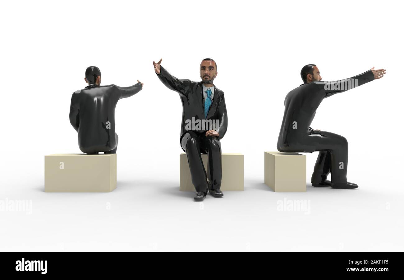 3d rendering of a business man sitting on a block on a white background ...