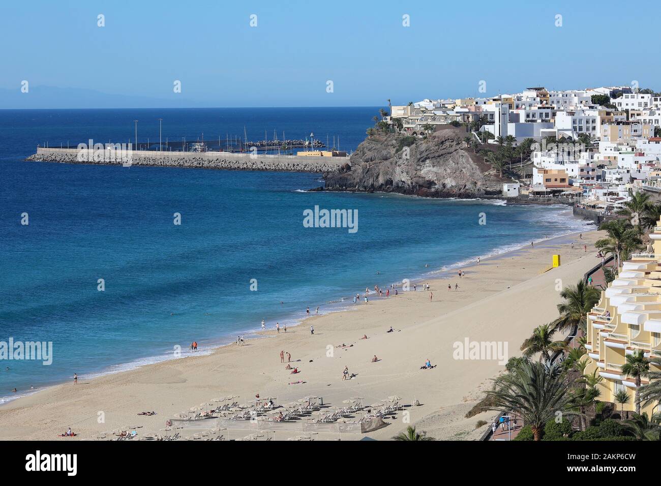 Elevated view of Jandia beach wiith Morro Jable harbour in the ...