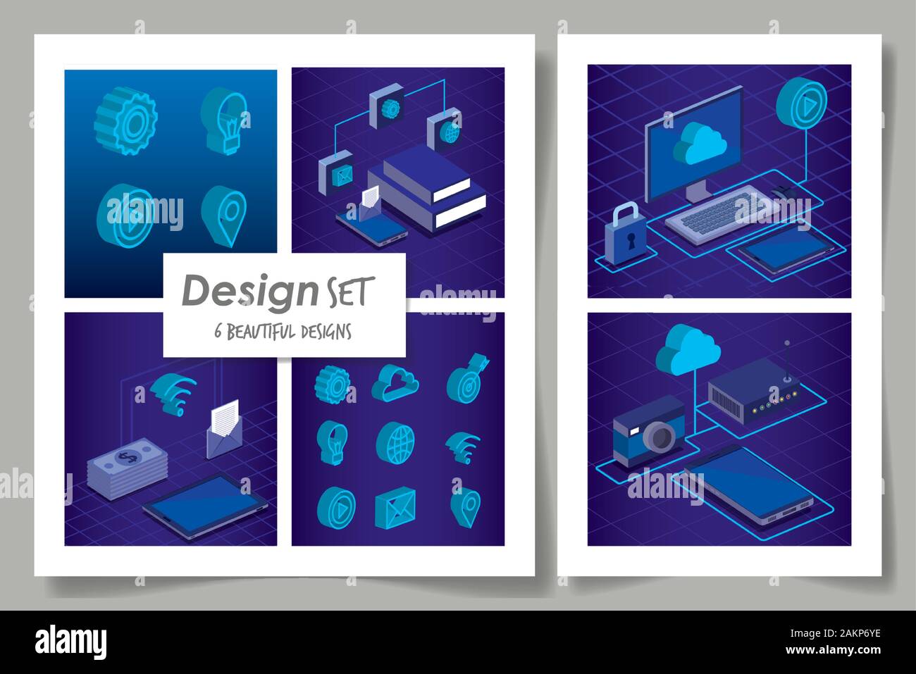 six designs of digital technology and social media icons Stock Vector ...