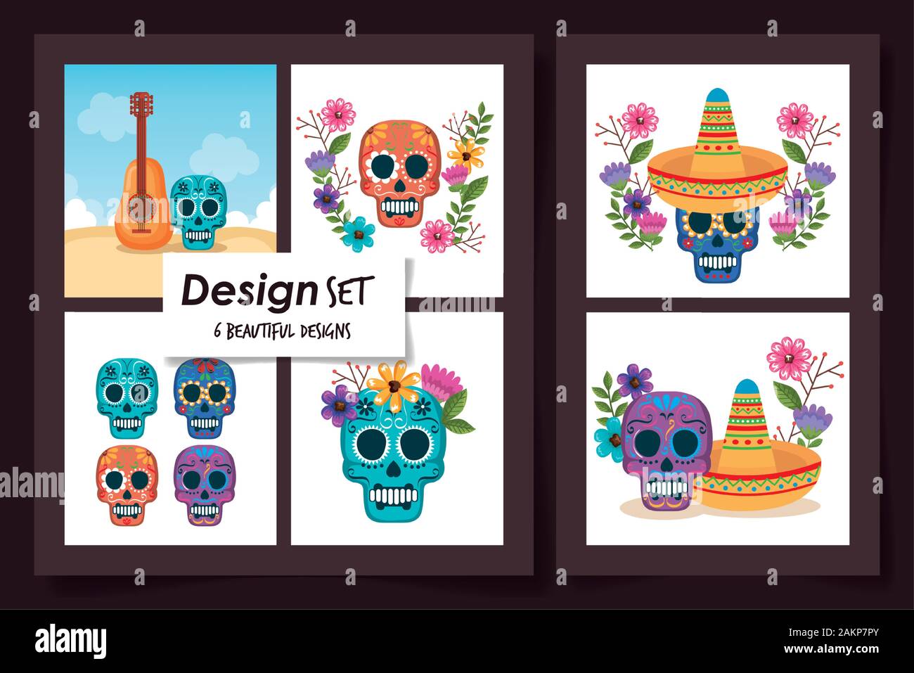 six designs of skulls with food mexico traditional Stock Vector Image ...