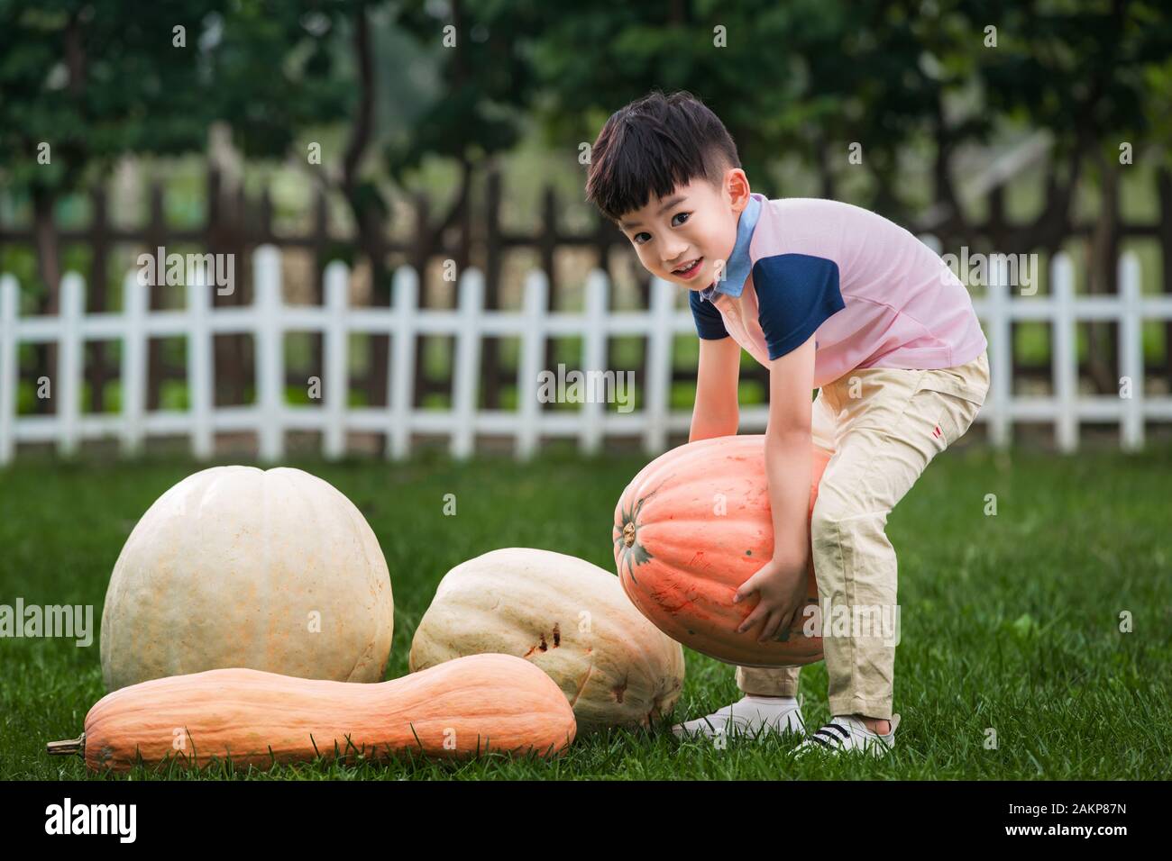 Oriental children move pumpkin Stock Photo - Alamy
