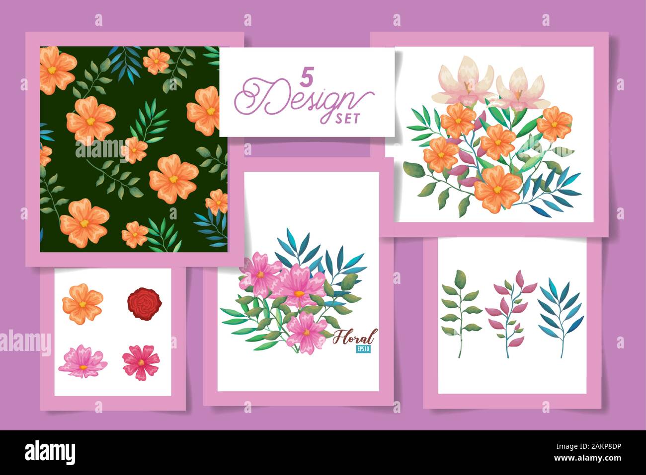 five designs of flowers and leafs decoration Stock Vector Image & Art ...
