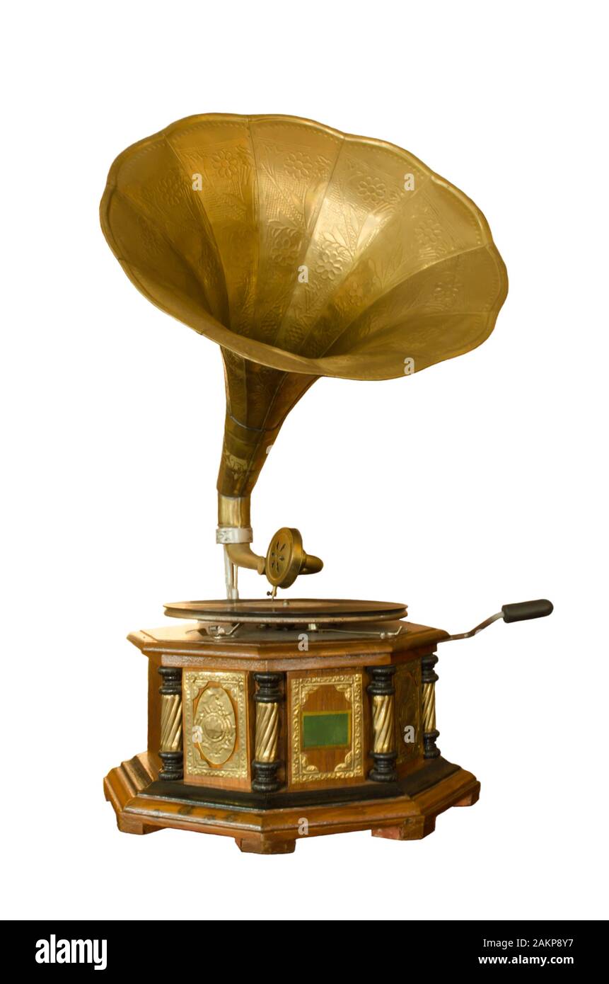 photo of retro gramophone with disc isolated over white background ...