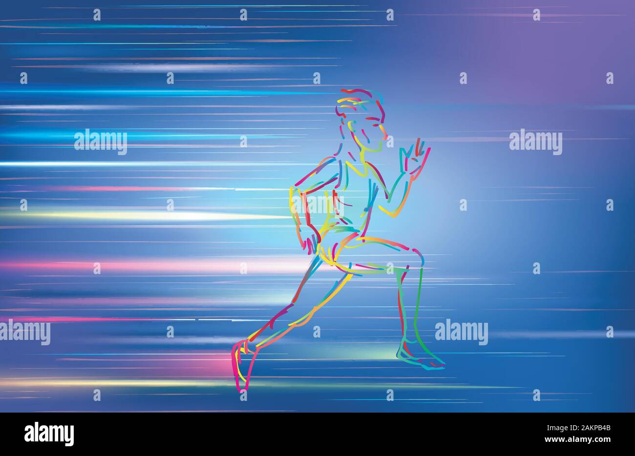 Man running, using colorful zigzag line on blue background. vector ...