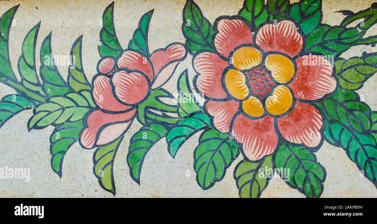 flower painting on granite wall in Chinese shrine Stock Photo - Alamy