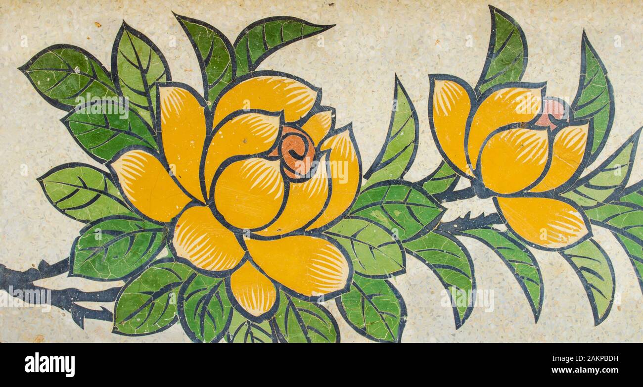 flower painting on granite wall in Chinese shrine Stock Photo - Alamy