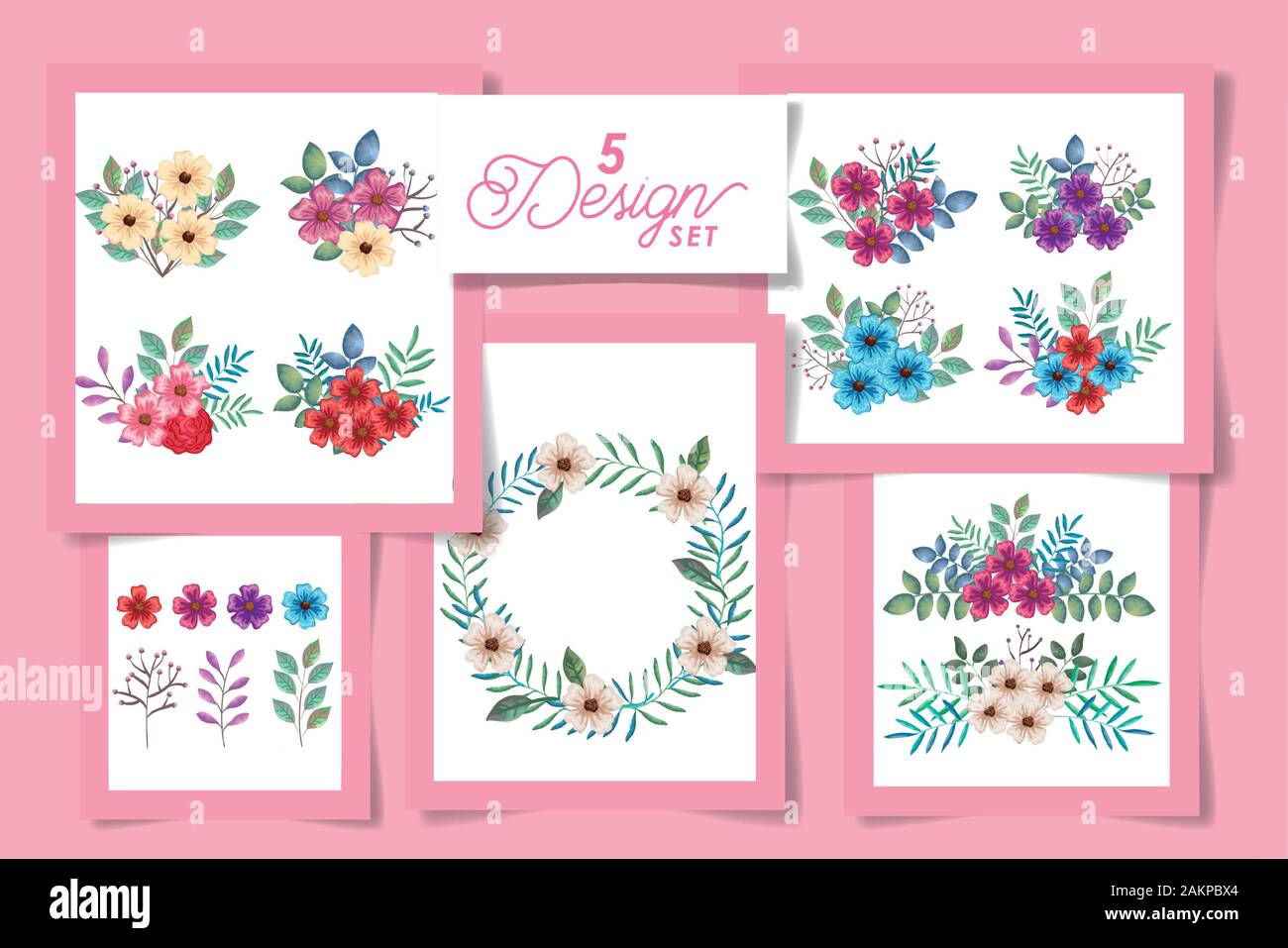 five designs of decoration flowers with leafs naturals Stock Vector ...
