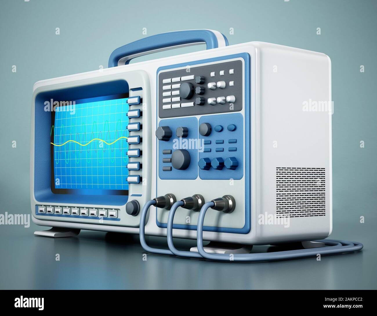 Oscilloscope standing on green background. 3D illustration Stock Photo ...