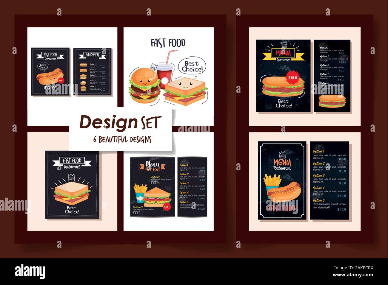 six designs of cards menu fast food Stock Vector Image & Art - Alamy