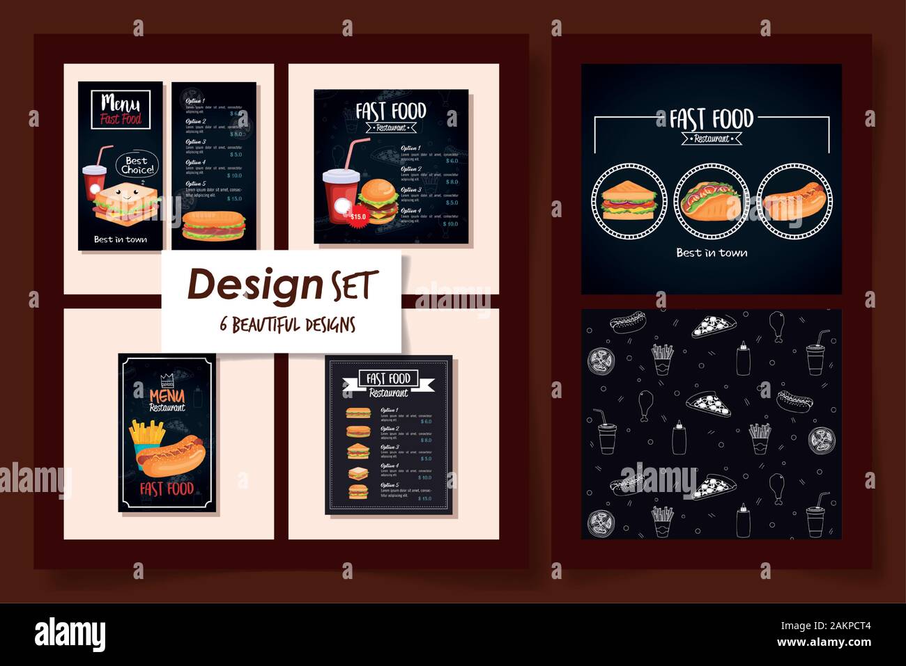 six designs of cards menu fast food Stock Vector Image & Art - Alamy