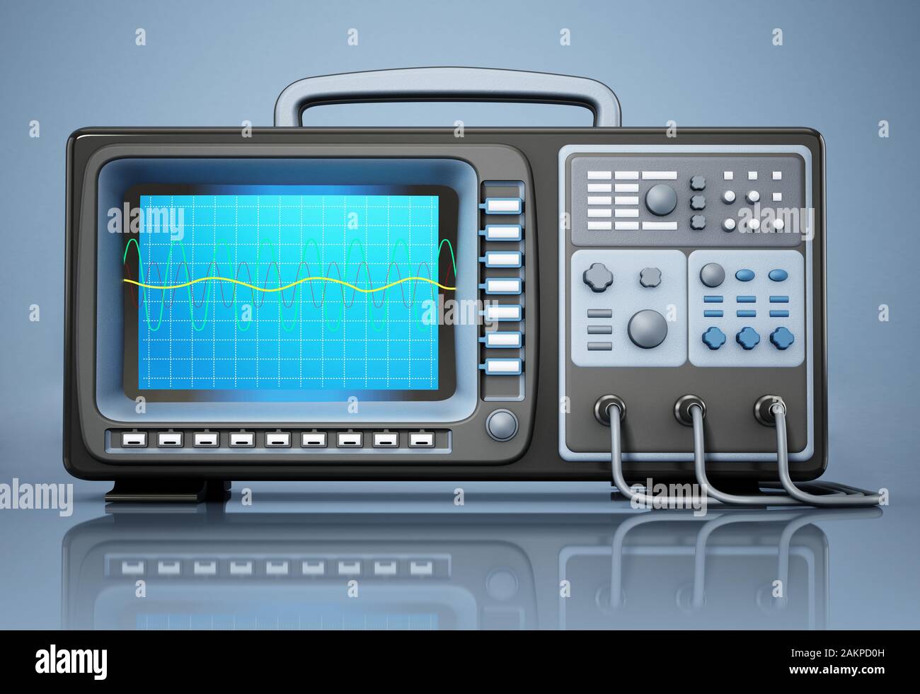 Oscilloscope standing on blue background. 3D illustration Stock Photo ...